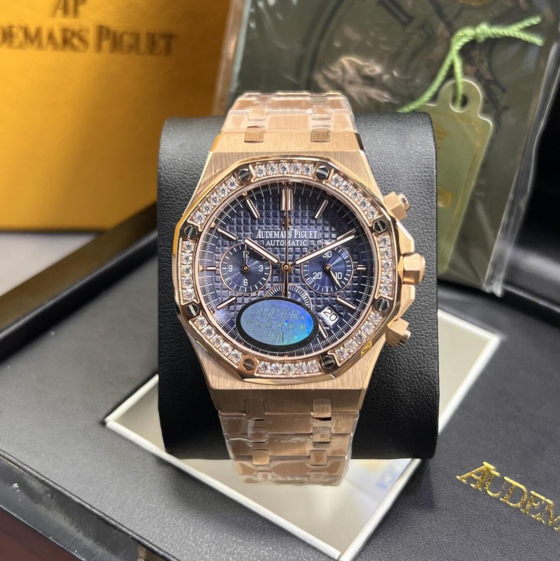 AUDEMARS PIGUET ROYAL OAK CRONOGRAPH DIAMOND BEZEL BLUE DIAL ROSE GOLD ...